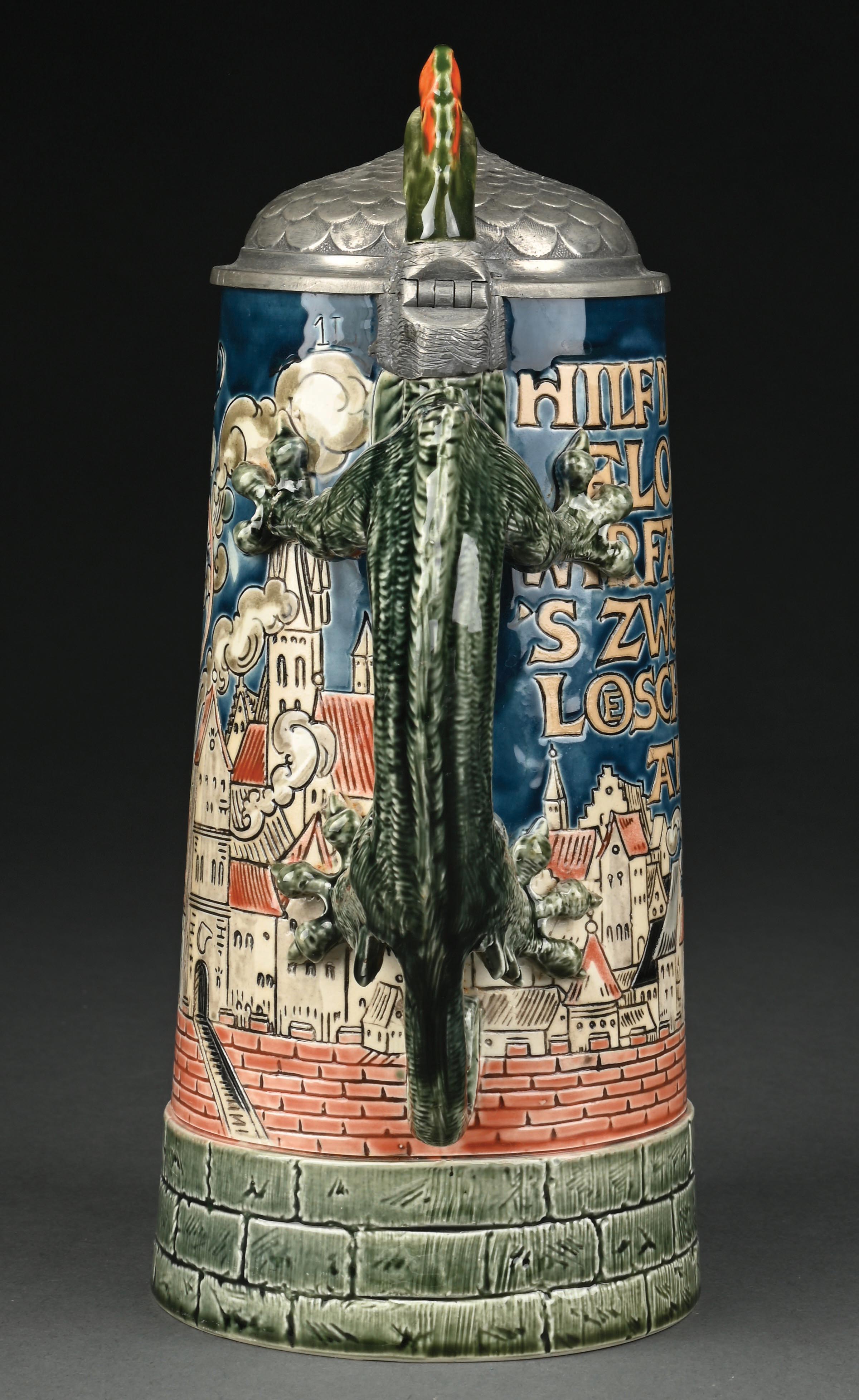 Lot Detail - METTLACH DRAGON BURNING TOWN BEER STEIN NO. 1786
