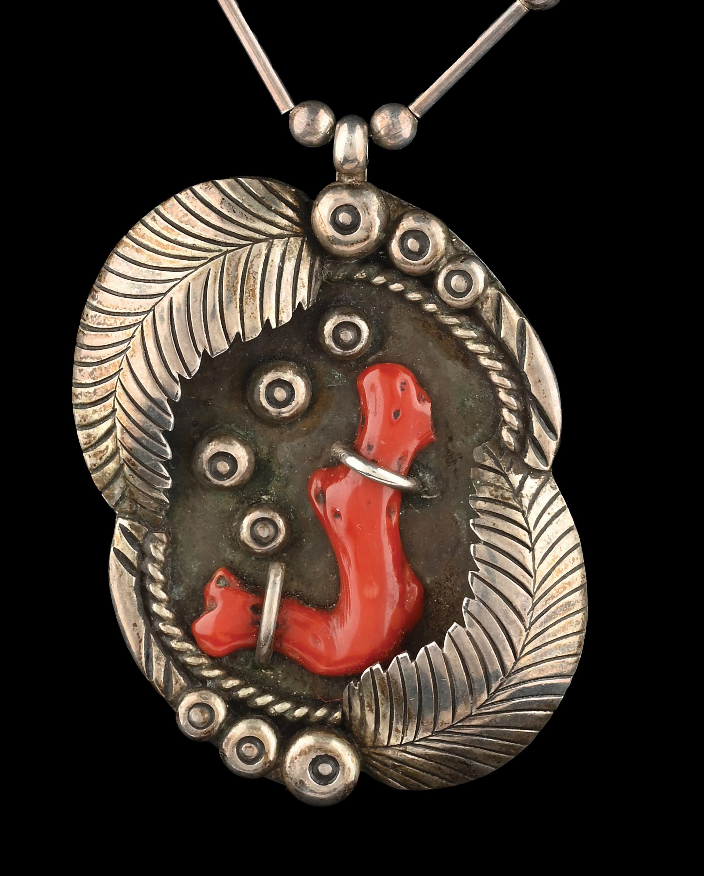 Lot Detail - NATIVE AMERICAN STERLING SILVER & CORAL NECKLACE, SIGNED EB